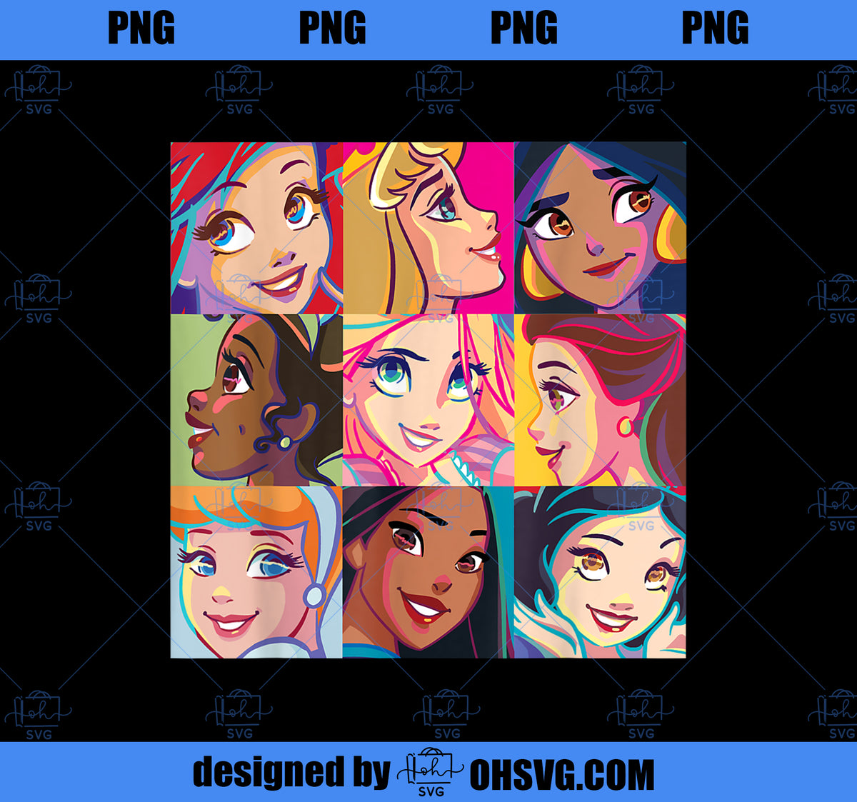 Disney Princess Characters Pop Art Grid PNG, Disney PNG, Princess PNG ...