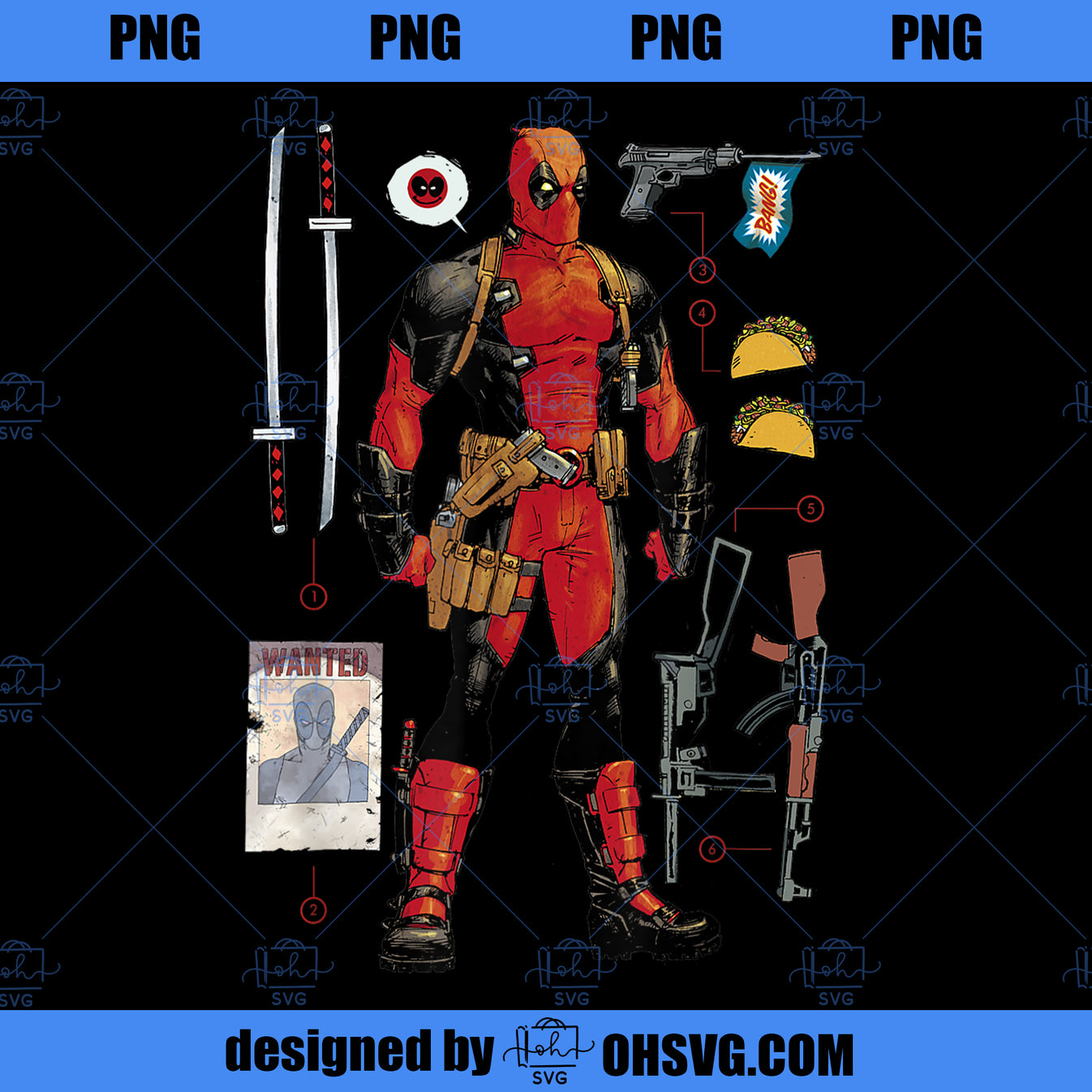 Marvel Deadpool Weapons Accessories Collection Comic Icon PNG, Marvel ...