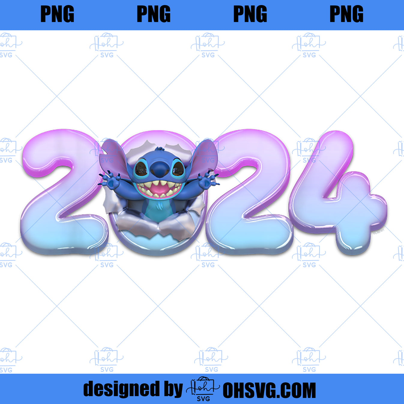 Disney Lilo Stitch Bursting Through Happy New Year 2024 PNG, Disney PN ...