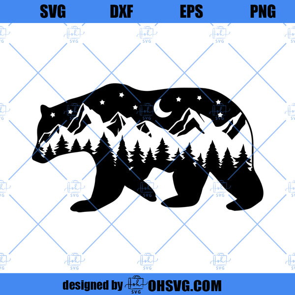 Mountain Bear SVG, Mountain Scenery SVG, Night Sky Bear Mountain SVG ...