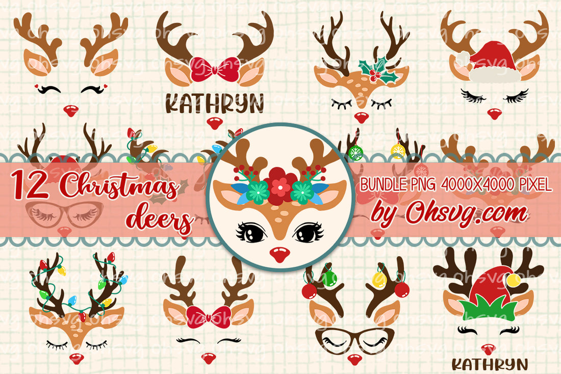 Christmas Reindeer Face Bundle PNG, Custom Name Monogram Reindeer Face ...