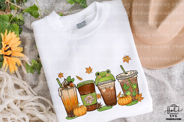 Frog Cup Fall Coffee Drink Bundle PNG, Frog Pumpkin Spice Latte Iced W ...